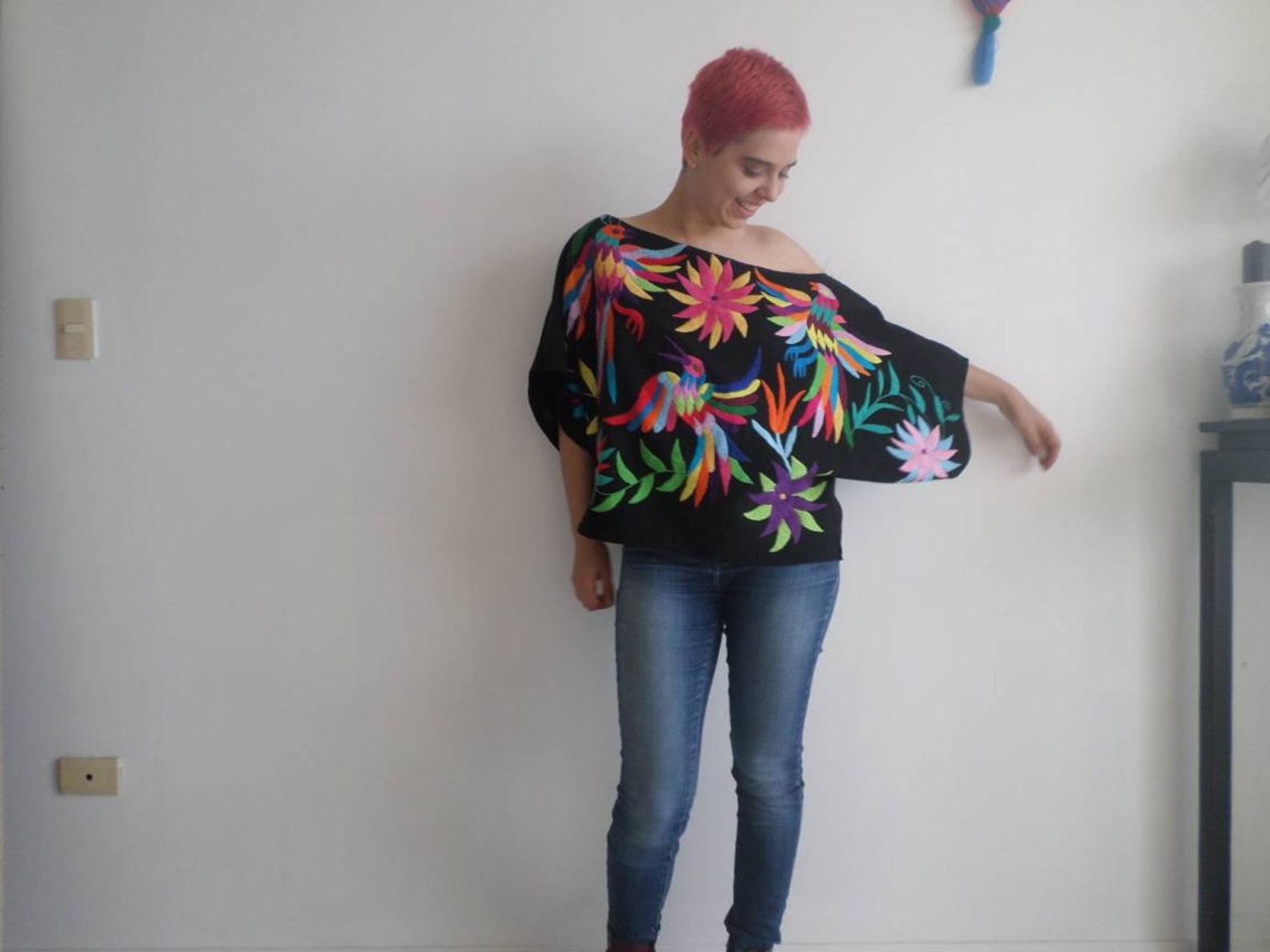 Beautiful Otomi Blouse Hand Embroidered by #otomi Women. Black Blouse ...