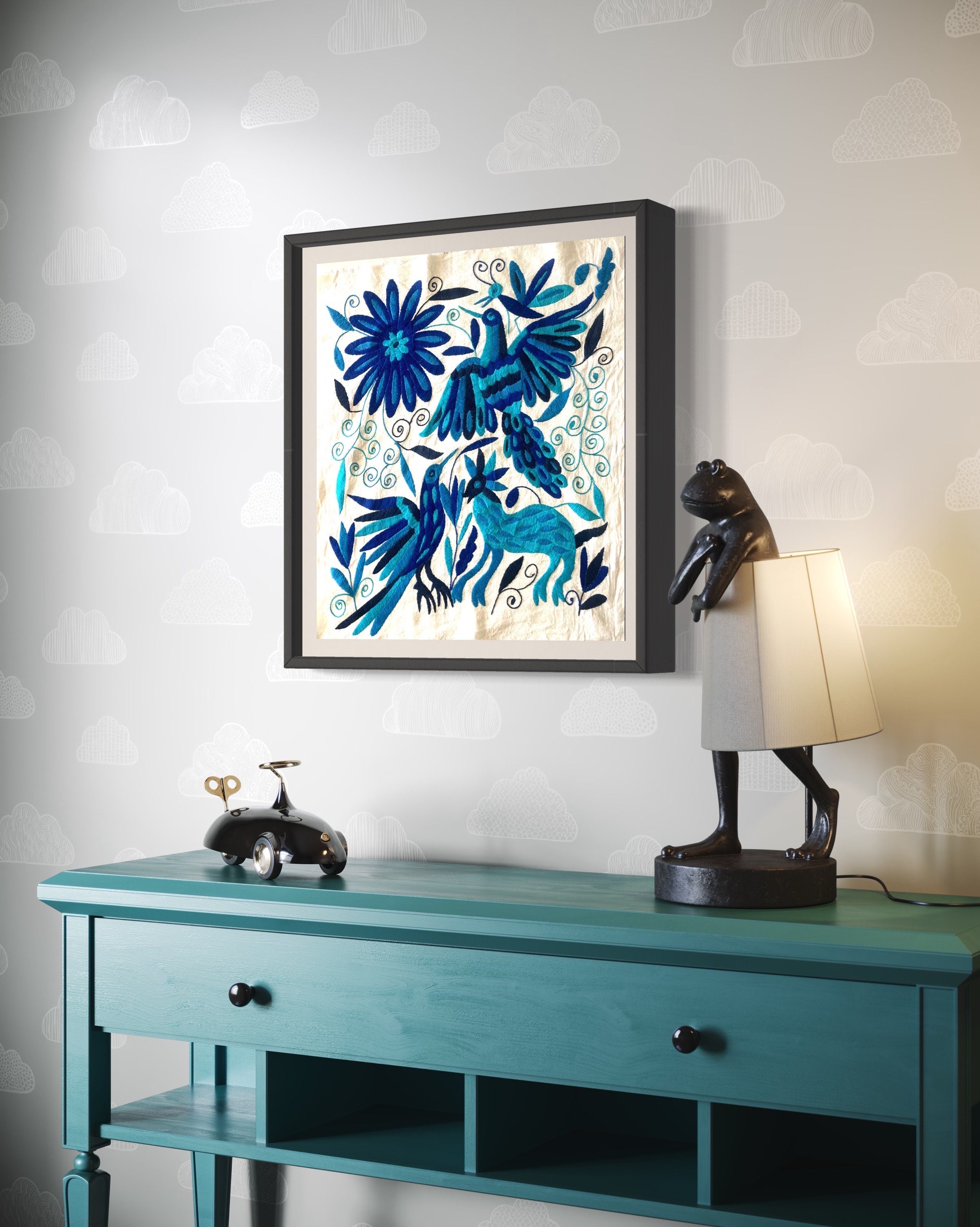 Shades of Blue Otomi Wall Decoration | Hand Embroidery Mexican Textile ...