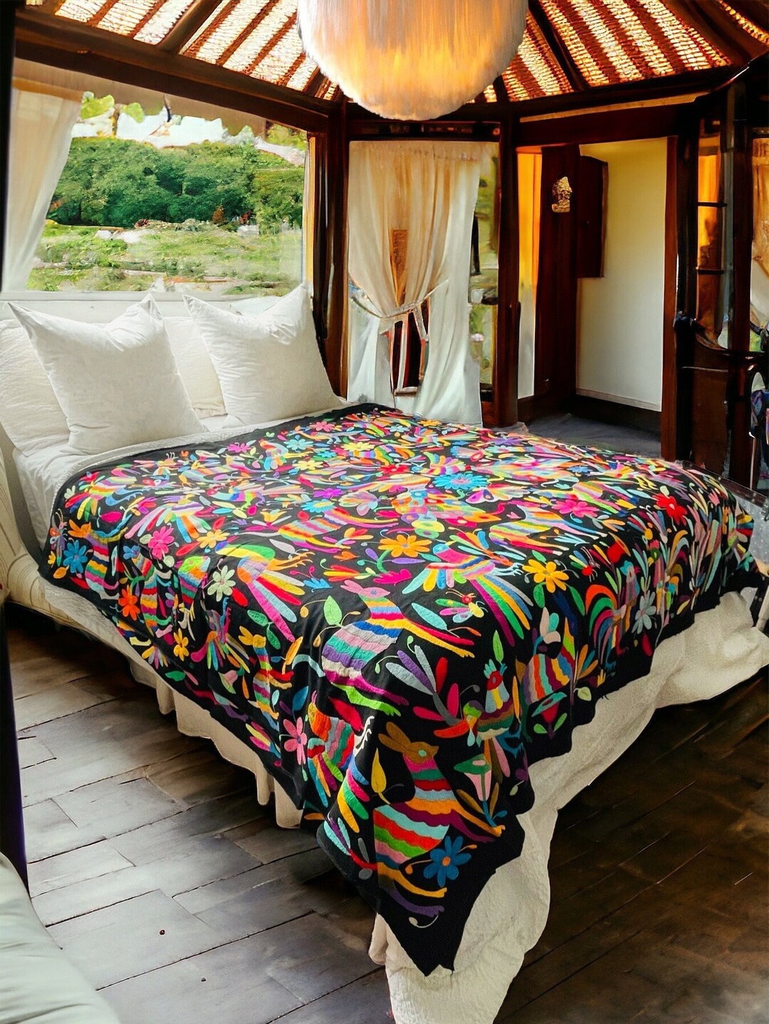 Stunning Black Multicolor Hand Embroidered by Otomi Indigenous Women ...