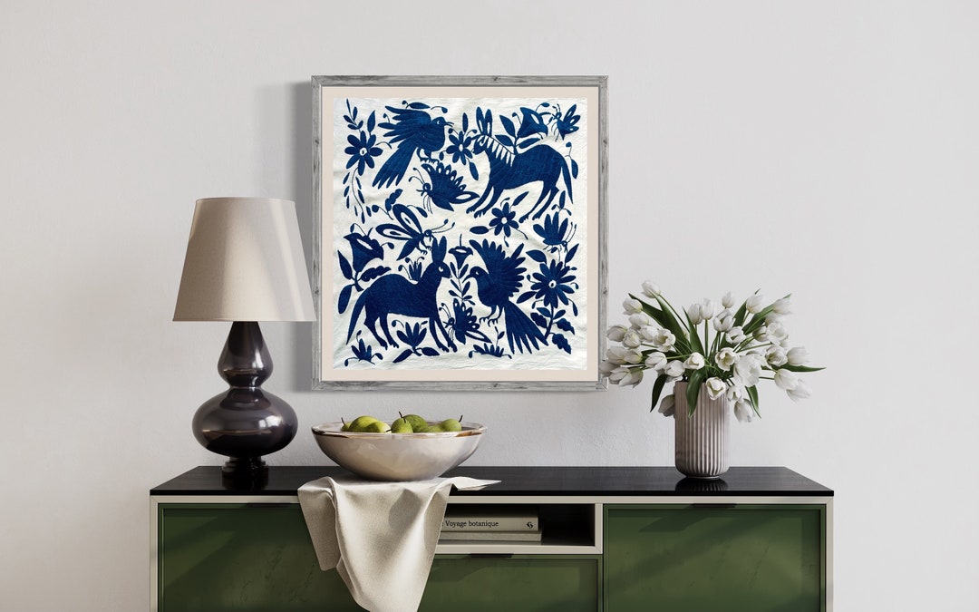 Modern Deep Blue Otomi Wall Decoration | Hand Embroidery Mexican ...