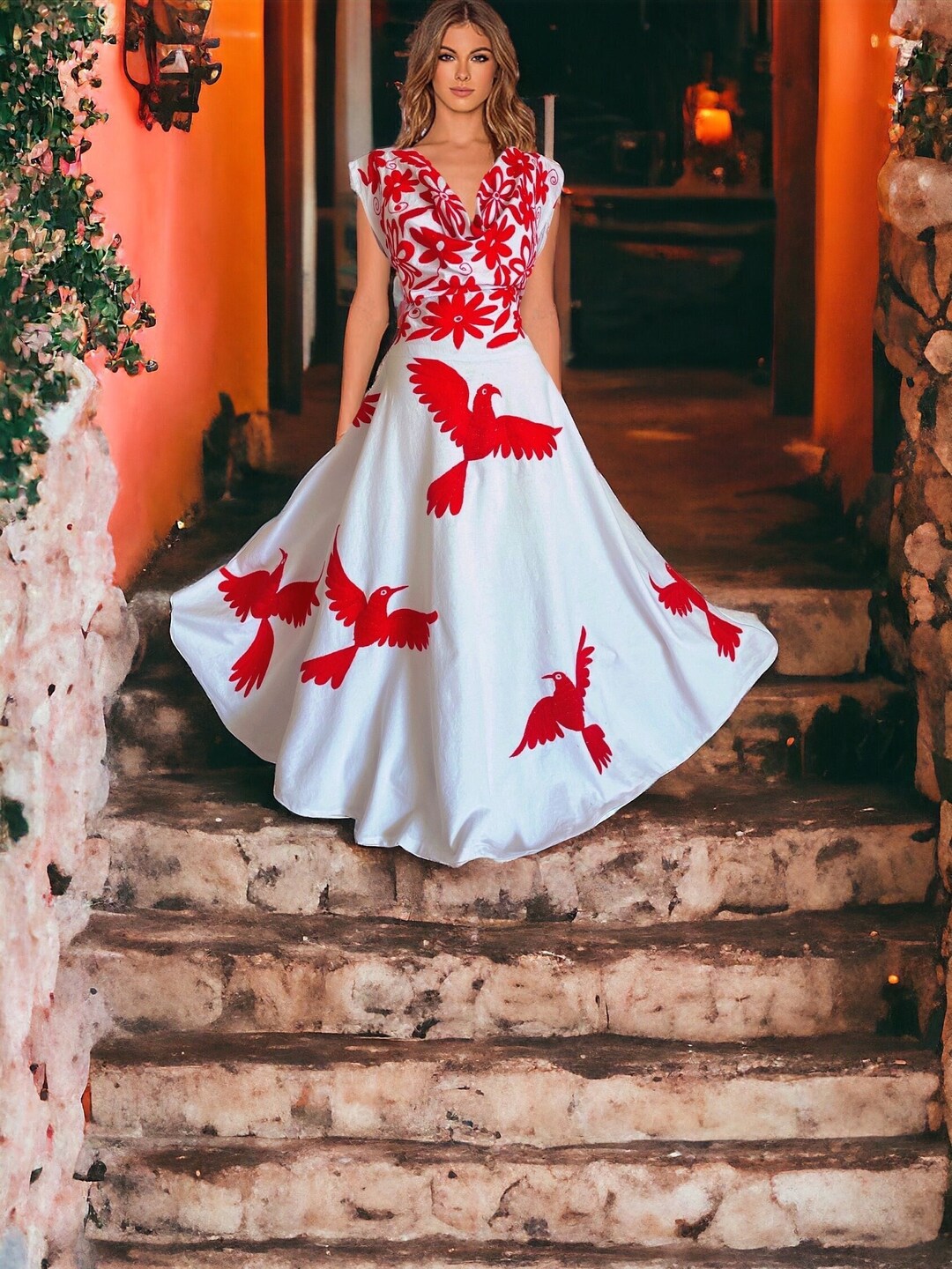 SIERRA ALTA in RED Doves and Flowers Otomi Dress Rehersal Diner Dress ...