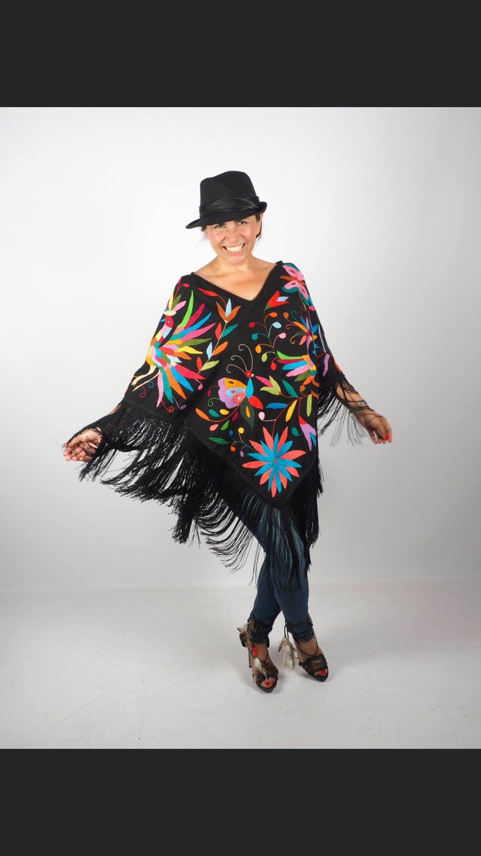 Handembroidered Poncho huipil Black, Multicolor, Authentic otomi ...