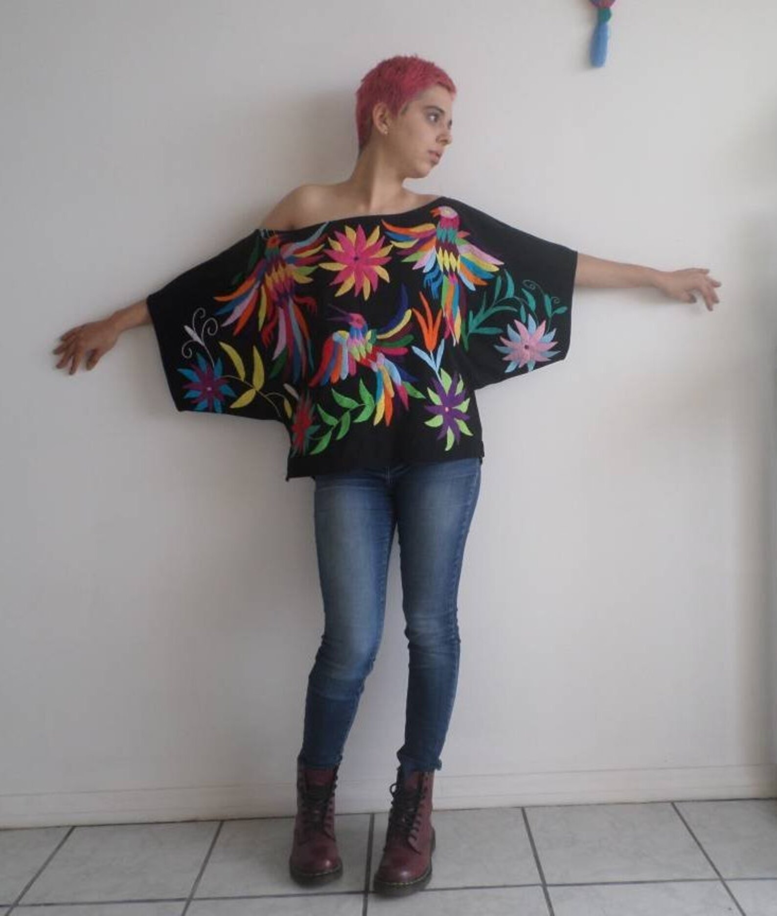 Beautiful Otomi Blouse Hand Embroidered by #otomi Women. Black Blouse ...