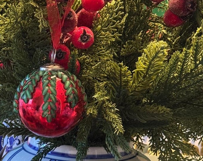 Red Mercury Glass Ornament With Green Jewel Accents - Etsy