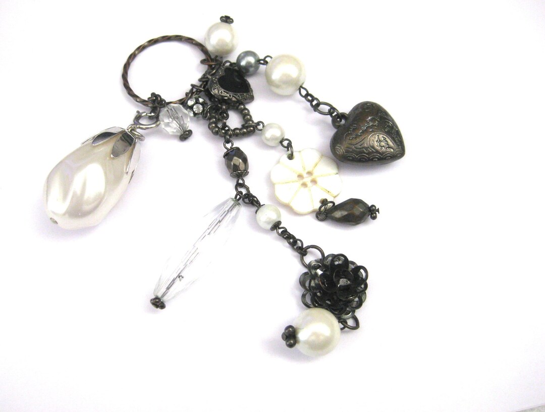 Jeweled Key Rings Vintage White Beads, Hearts, Smoke Attachment Beaded ...