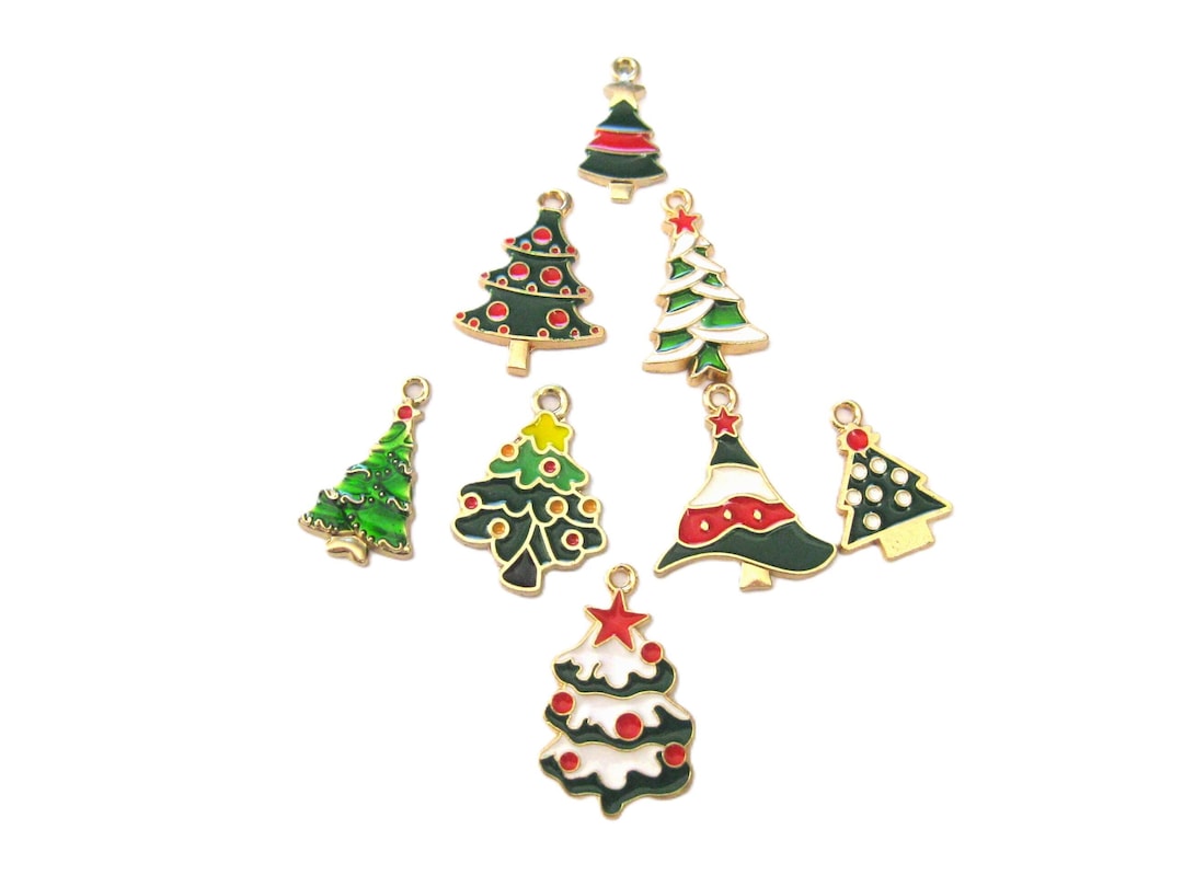 Jewelry Supplies - 8 Christmas Tree Charms Set Holiday Tree Enamel Gold ...
