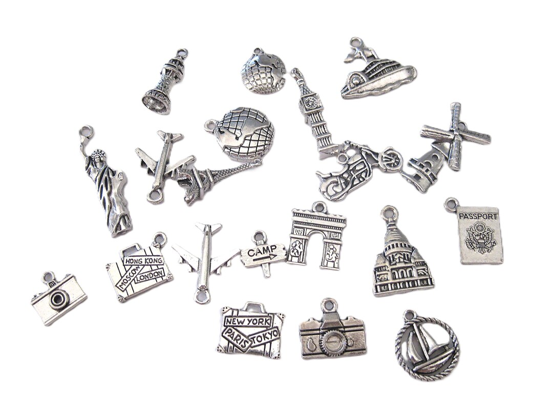 Jewelry Supplies - 20 Travel Themed Charms- Silver-tone - Set/20 Pc - # ...