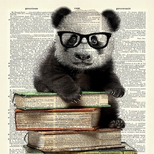 Panda on Book Stack. Wall Art. Cute Panda Print Has the Look of an Ink ...