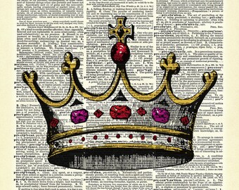 Queen's Crown art print. Upcycled vintage book page art | Etsy