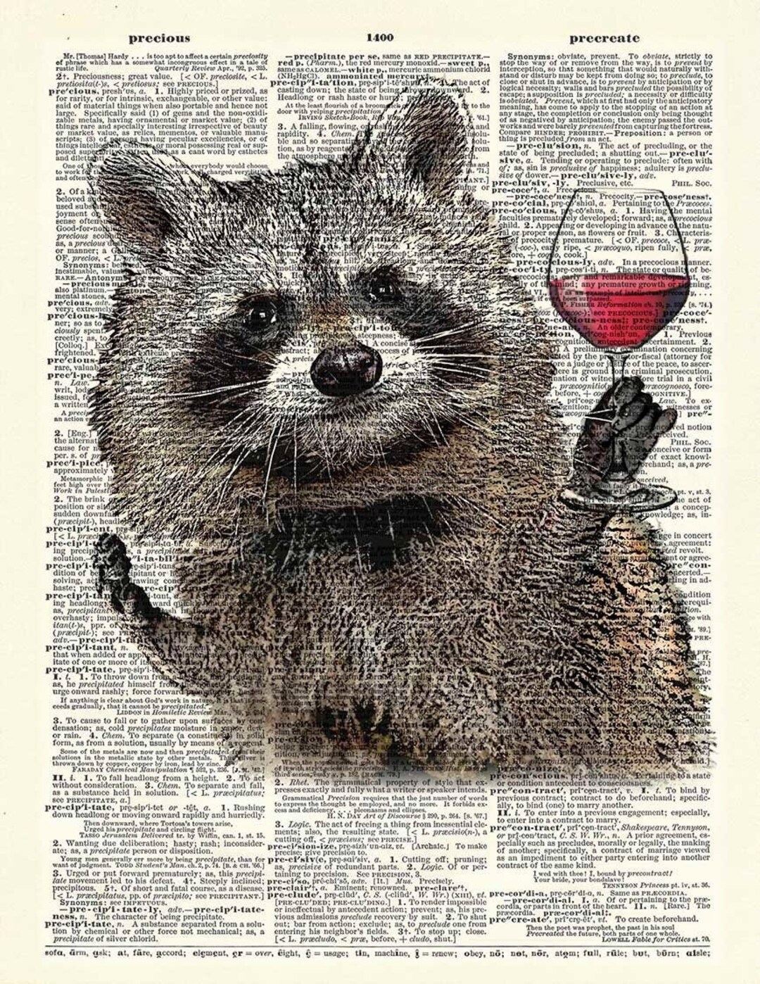 Raccoon With Wine Glass Fun Art Print. Wall Art. Vintage Book Page Art ...