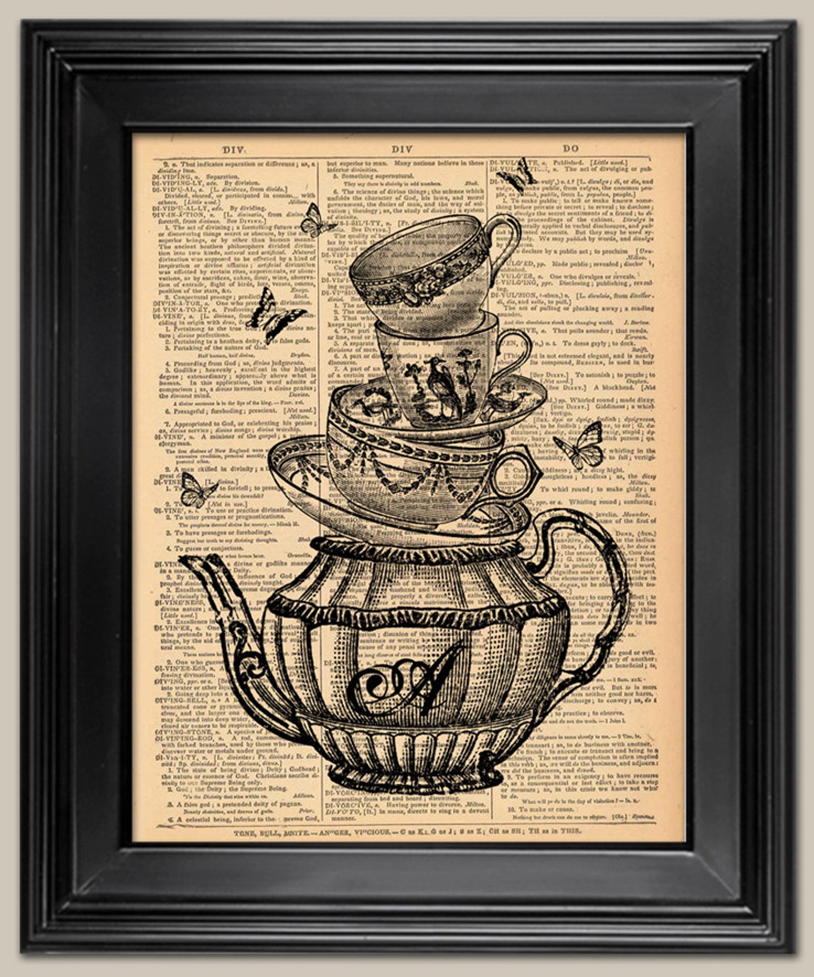 Alice's Teapot and Cups. Wall Art. Gift for Mom. Upcycled Vintage Book ...