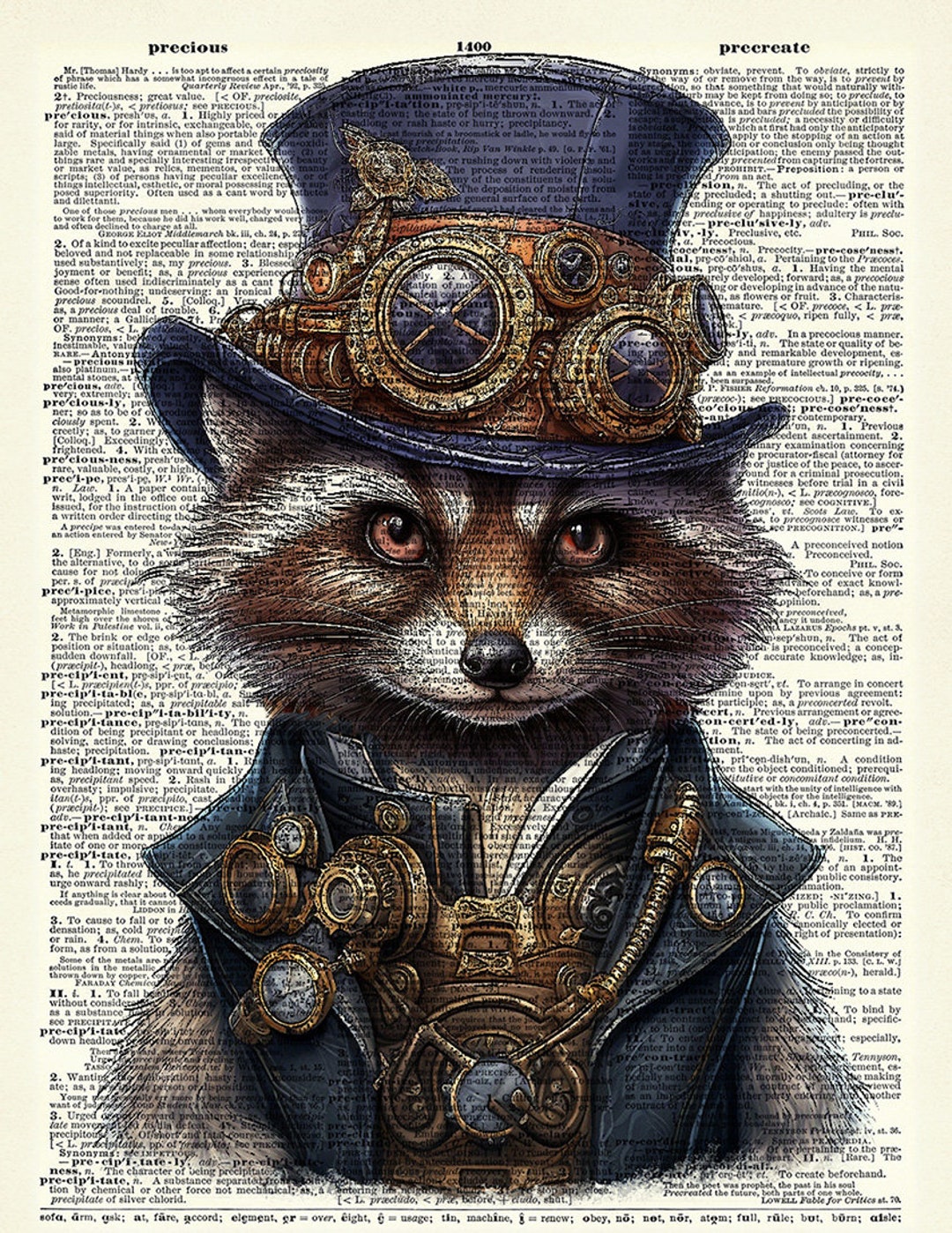 Raccoon Steampunk Art Print. Raccoon With Steampunk Hat. Vintage Book ...