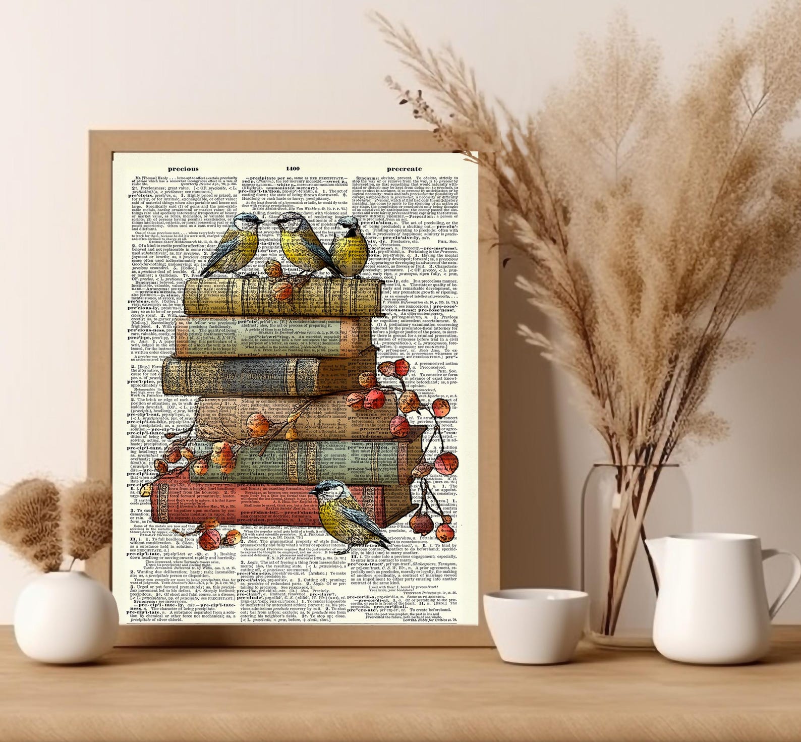 Birds, Buds and Books Art Print. Upcycled Vintage Book Page Art Print ...
