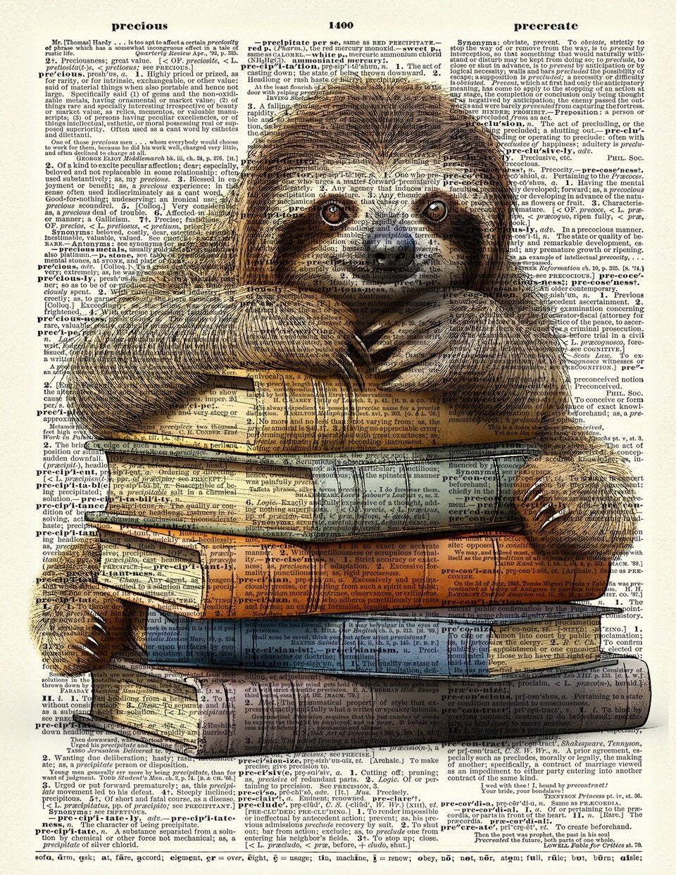 Sloth on Book Stack. Wall Art. Cute Sloth Print Has the Look of an Ink ...