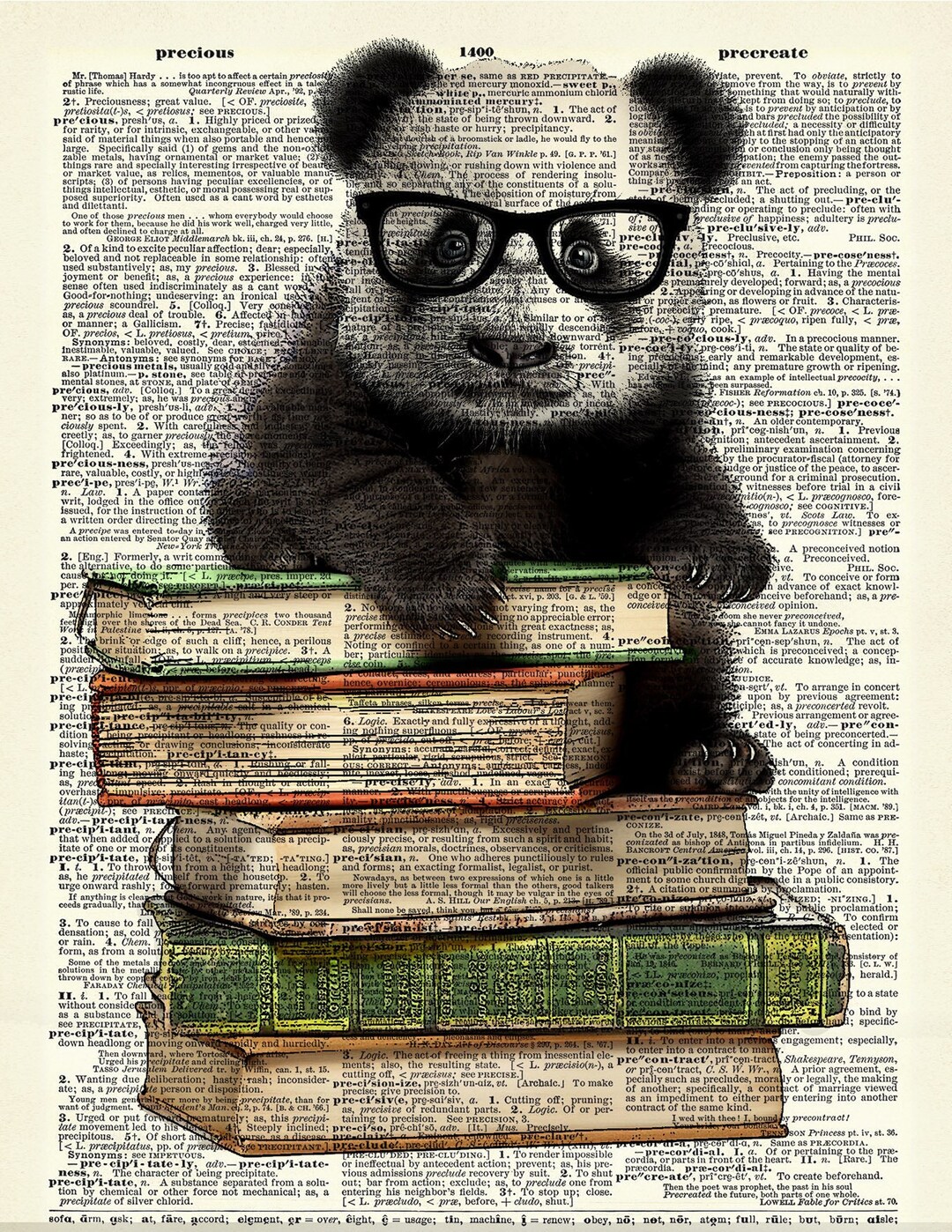 Panda on Book Stack. Wall Art. Cute Panda Print Has the Look of an Ink ...