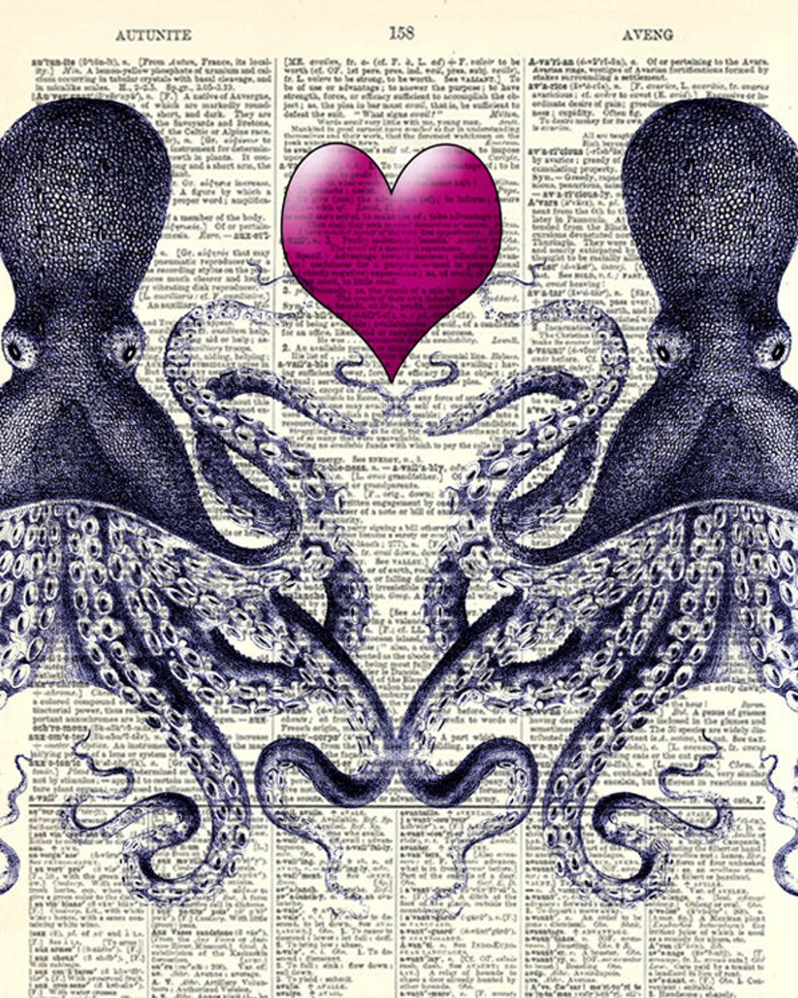 Octopus Love Art Print. Vintage Book Page Art Print. Print on - Etsy