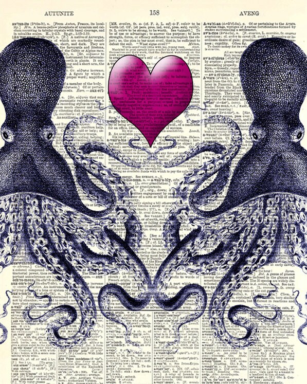 Octopus Love Art Print. Vintage book page art print. Print on | Etsy