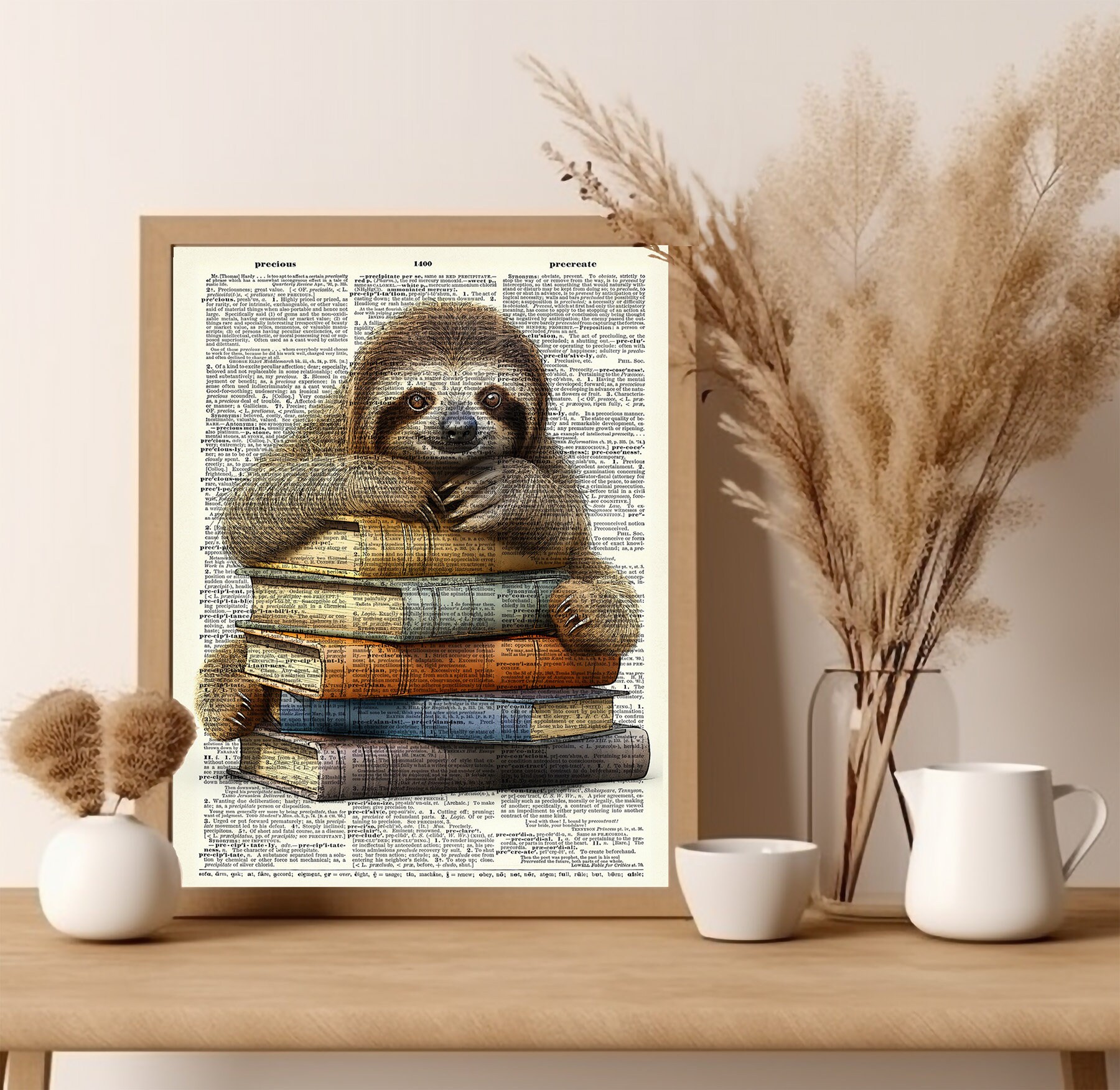 Sloth on Book Stack. Wall Art. Cute Sloth Print Has the Look of an Ink ...