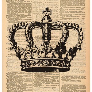 Crown Art Print. Upcycled Vintage Book Page Art Print. Print on Book ...