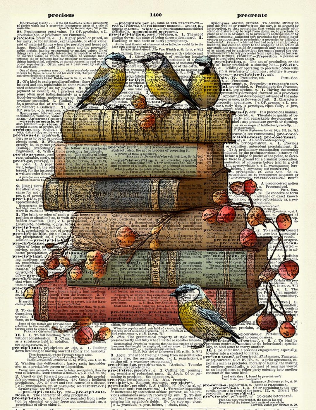Birds, Buds and Books Art Print. Upcycled Vintage Book Page Art Print ...