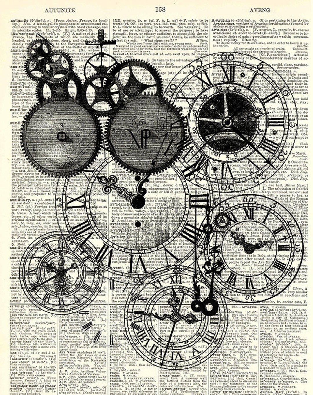Clock Gears Vintage Art Print. Vintage Book Page Art Print. Print on ...