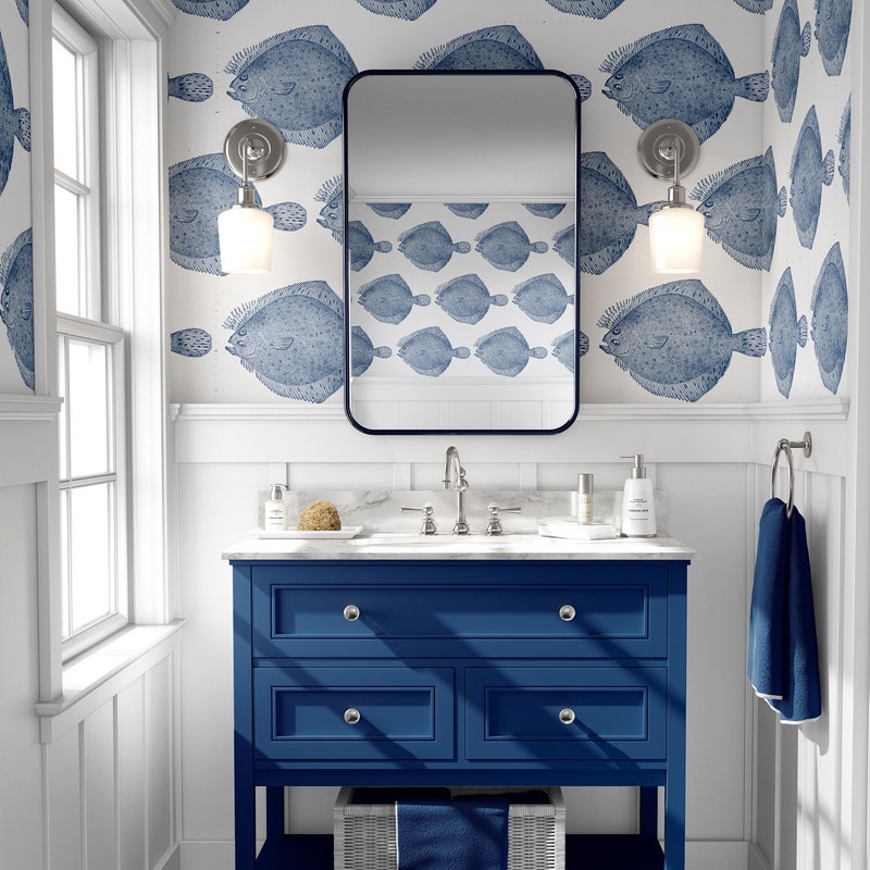 Blue and White Fish Wallpaper - Etsy