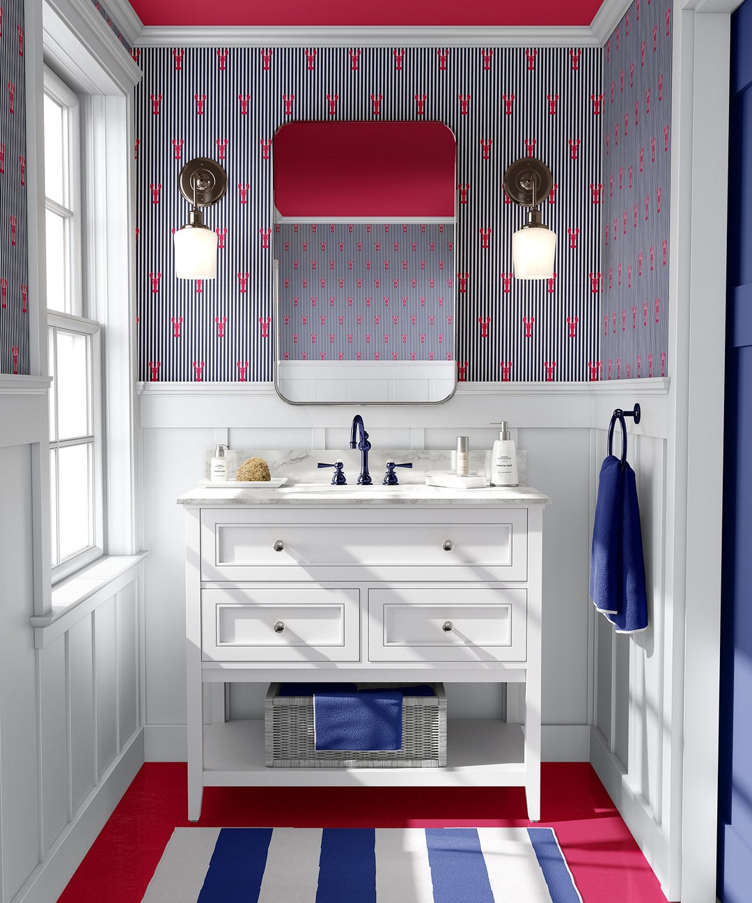 Preppy Nautical Navy Blue & White With Red Lobster Striped Wallpaper - Etsy