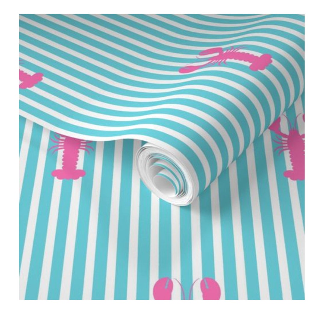 Preppy Nautical Ocean Blue & White With Pink Lobster Striped Wallpaper ...