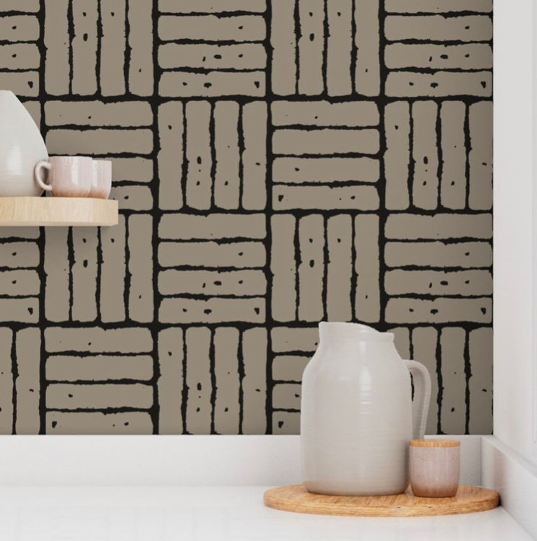 Basketweave Brickwork Pavers Wallpaper in Black & Tan - 12" Scale ...