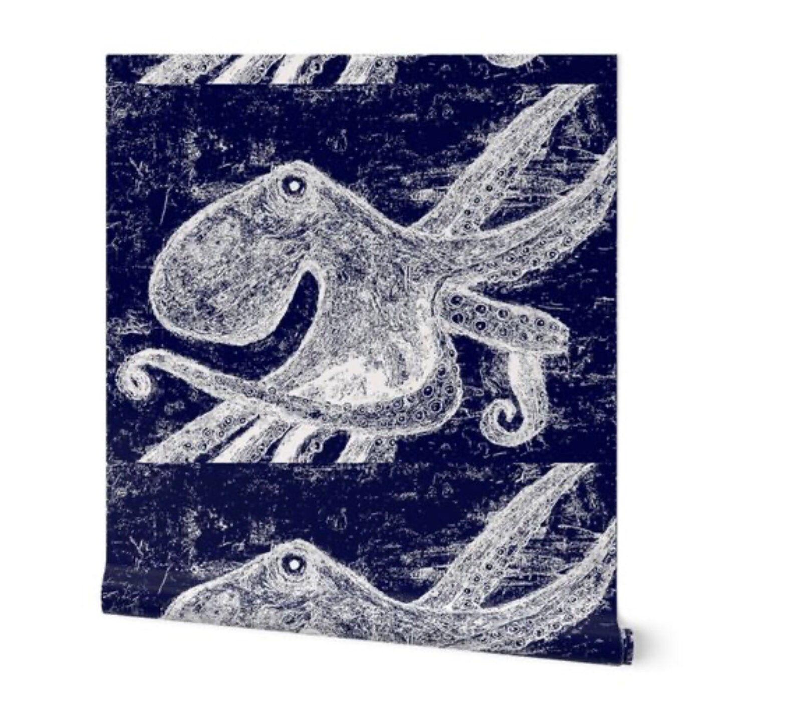 Rustic Octopus Block Print Wallpaper Navy Blue & White - Etsy
