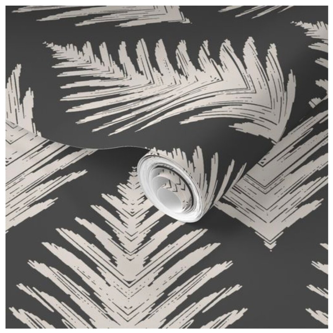 Stag Leaves Ikat Wallpaper Ivory and Charcoal Gray (pre-pasted and Peel ...