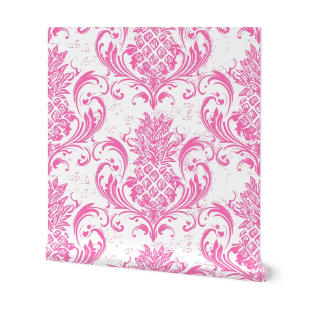 Grand Millennial Pineapple Damask Wallpaper - HIBISCUS PINK and White ...