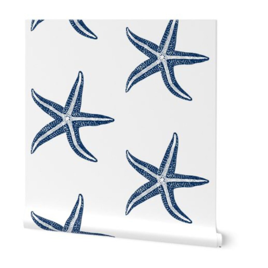 Vintage Starfish Illustration Wallpaper - Navy Blue and White - Etsy