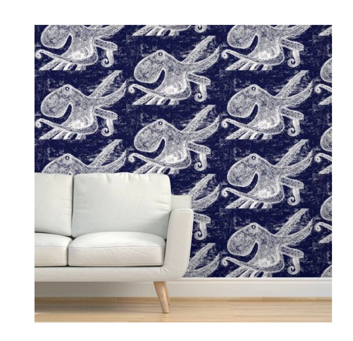 Rustic Octopus Block Print Wallpaper Navy Blue & White | Etsy