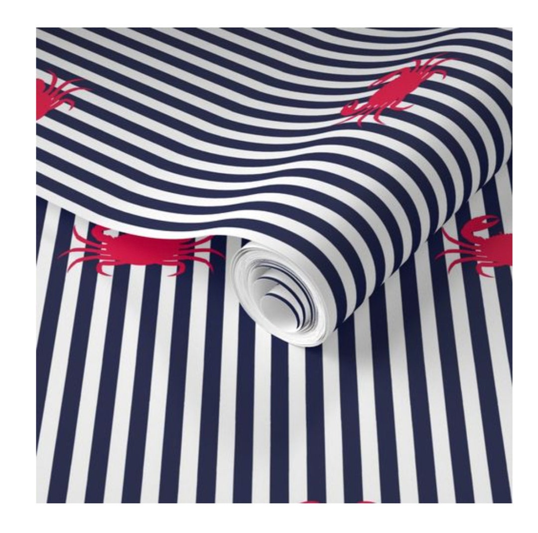 Preppy Nautical Navy Stripes and Red Crabs Wallpaper - Etsy
