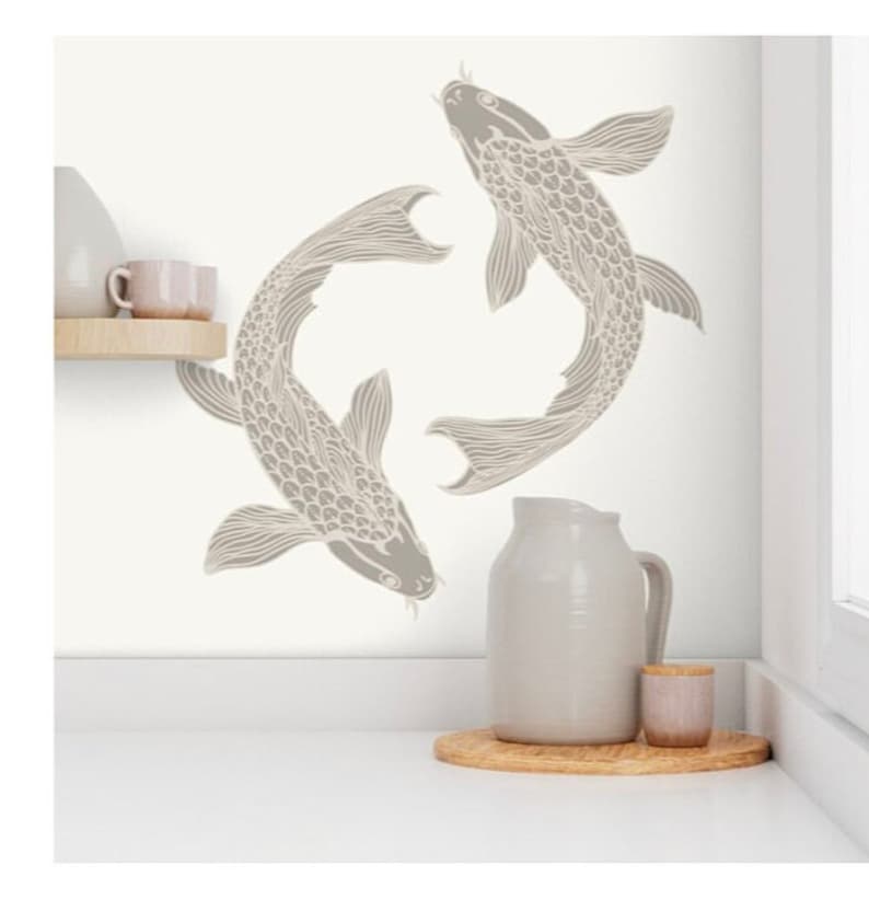 Classic Koi Fish Illustration Wallpaper Dorian Gray taupe and Beige - Etsy