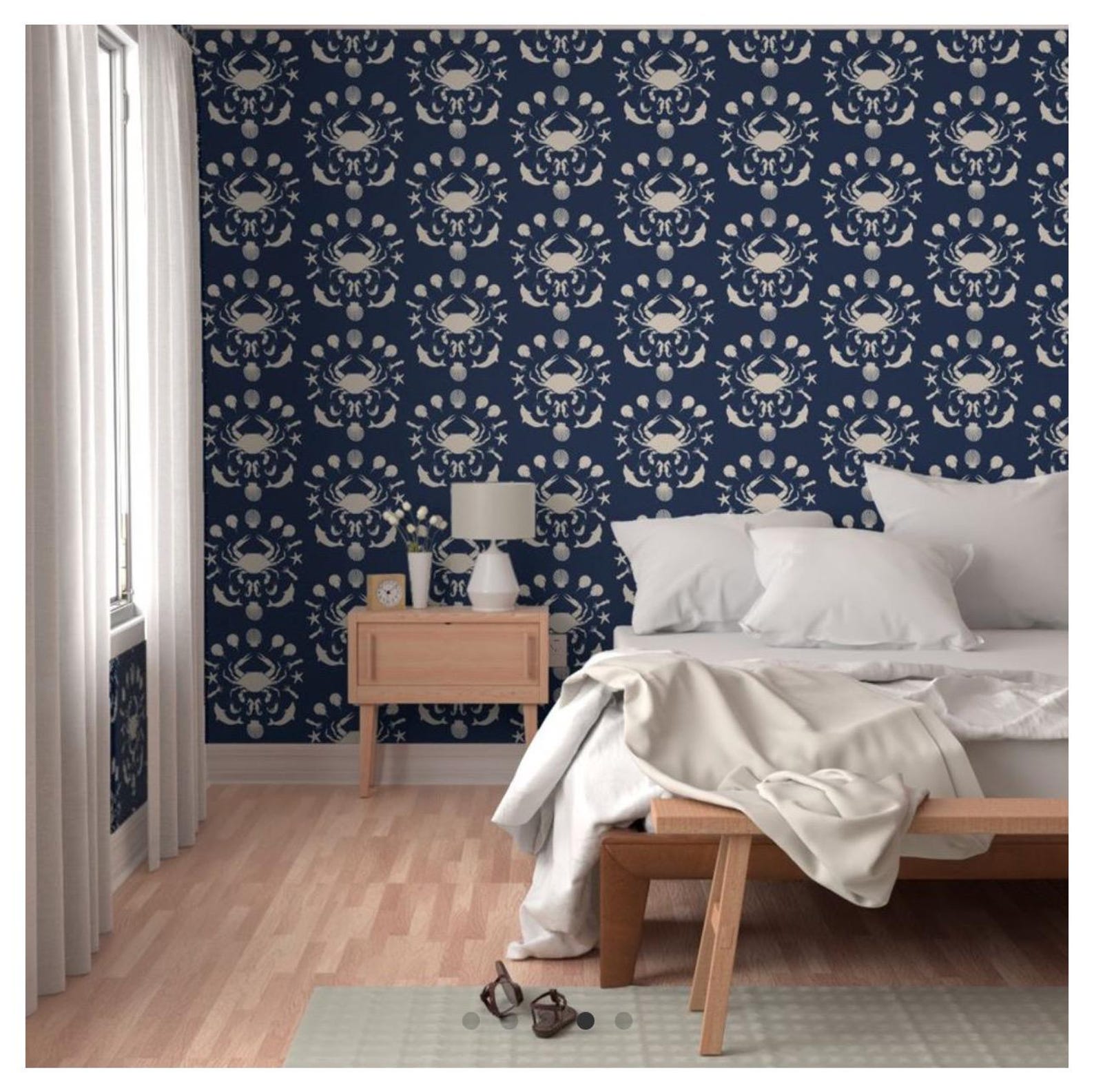 Seafood Toile Wallpaper - Navy and Taupe - Etsy