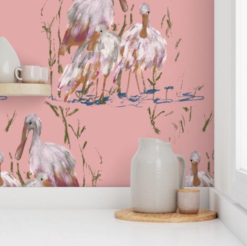 Coastal Birds - Pink Spoonbills Wallpaper - Coral - Etsy