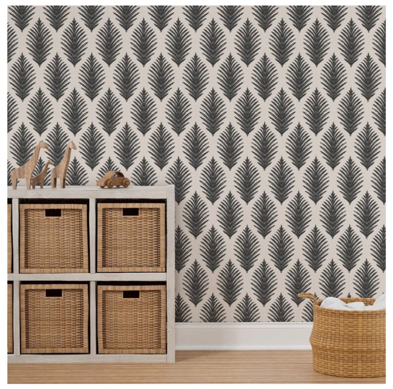 Stag Leaves Ikat Wallpaper in Charcoal Gray and Ivory - Etsy