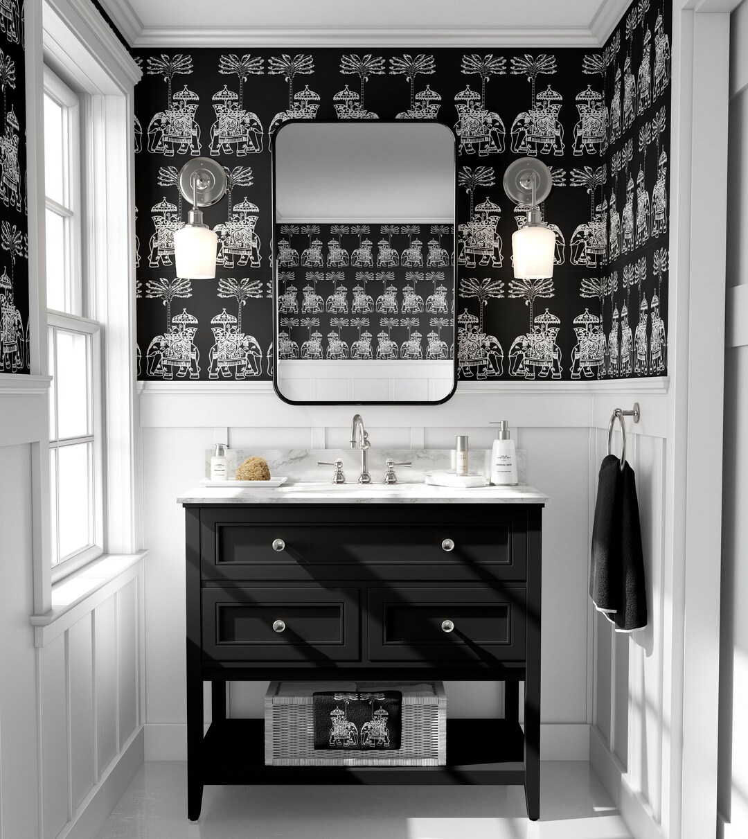 Elephant Block Print Wallpaper - White Elephant Outline on Black ...