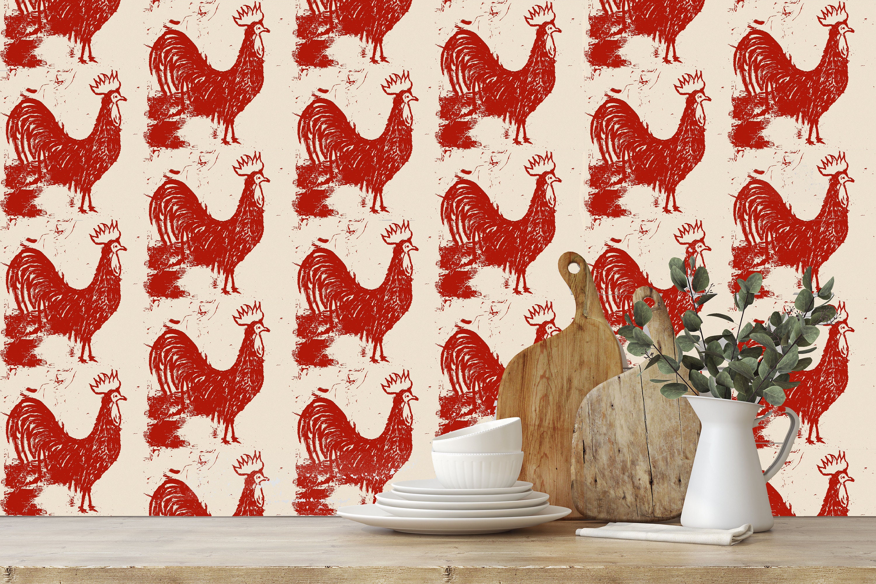 Rustic Red Rooster Wallpaper Red and Taupe - Etsy