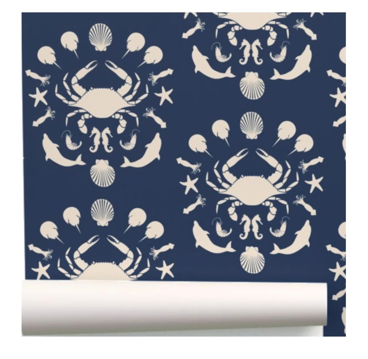 Seafood Toile Wallpaper - Navy and Taupe - Etsy