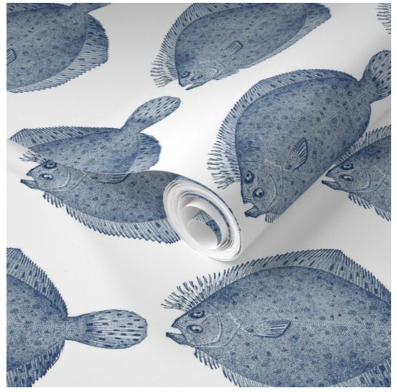 Vintage Flounder Fish Illustration Wallpaper Blue and White - Etsy