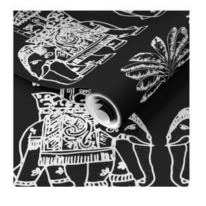 Elephant Block Print Wallpaper - White Elephant Outline on Black ...