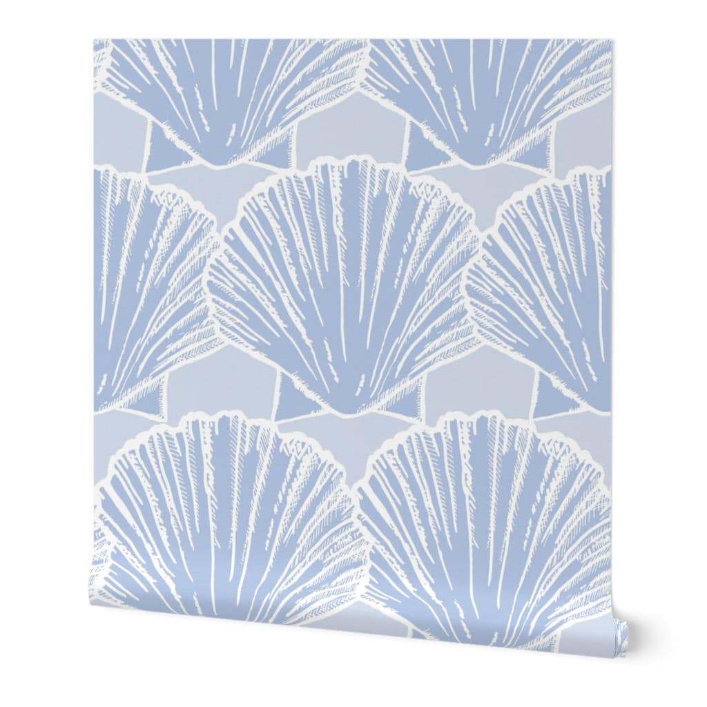 Wallpaper - Sea Scallop Shells - JUMBO - Pastel Blue (24" Vertical ...