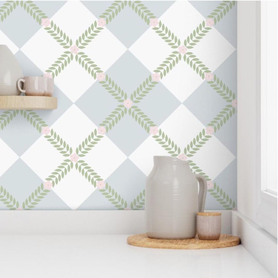 Argyle Flowers in Checkerboard Lattice Sky Blue, Sangria Pink, Sage Wallpaper - Etsy