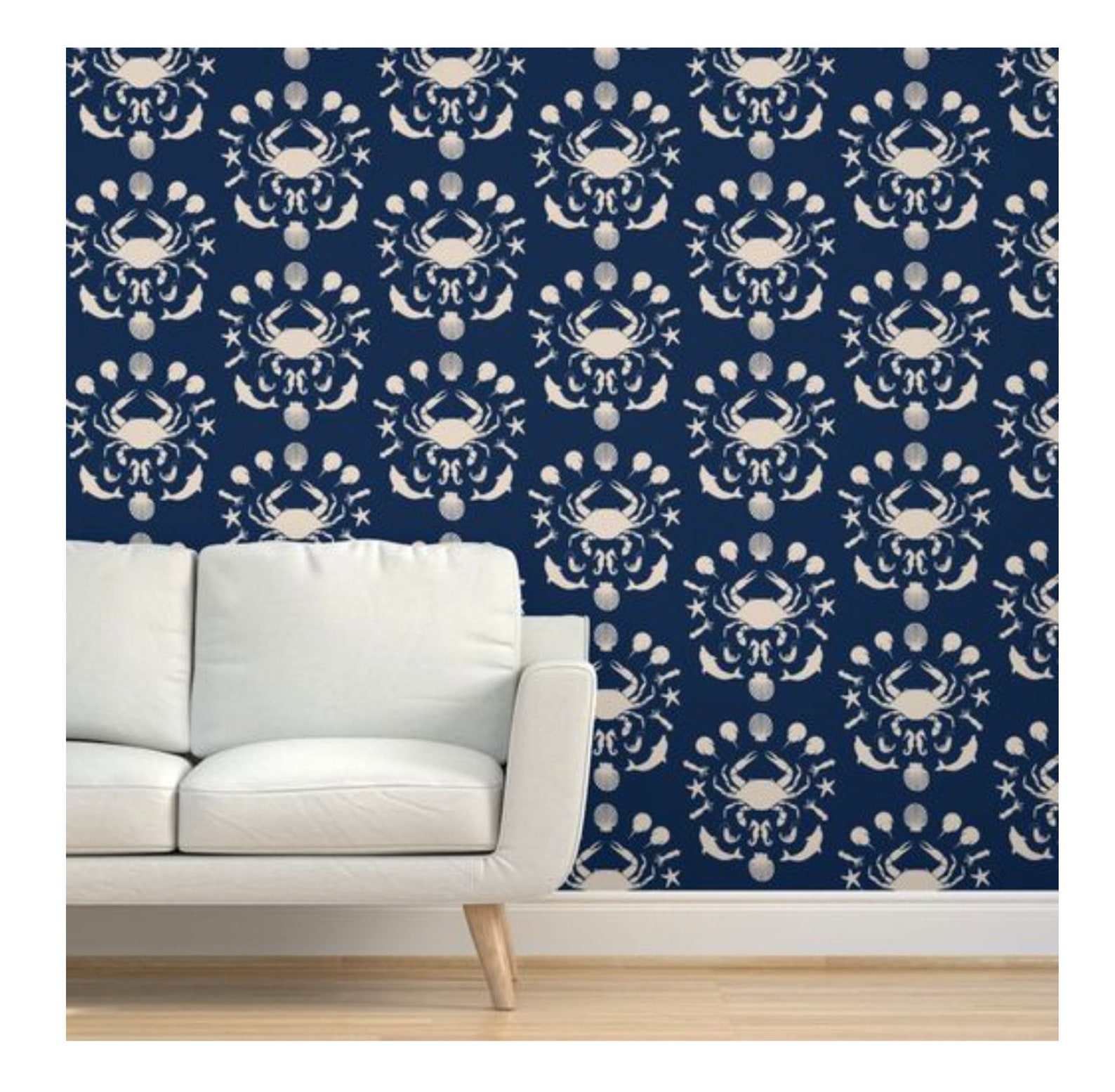 Seafood Toile Wallpaper - Navy and Taupe - Etsy
