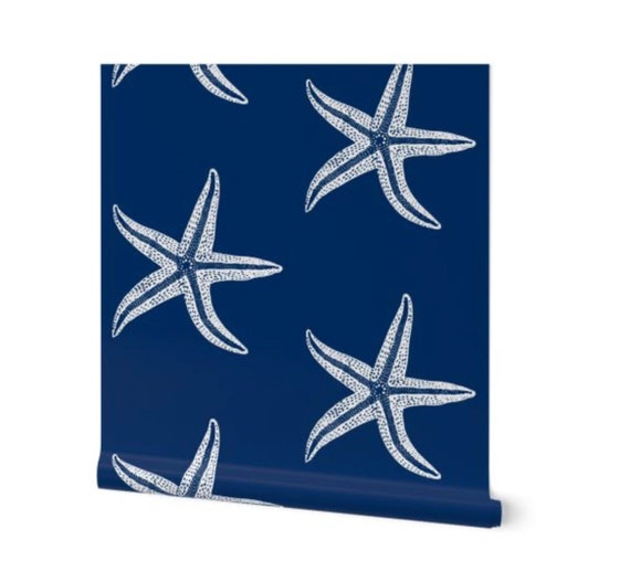 Vintage Starfish Illustration Wallpaper Navy Blue and White | Etsy