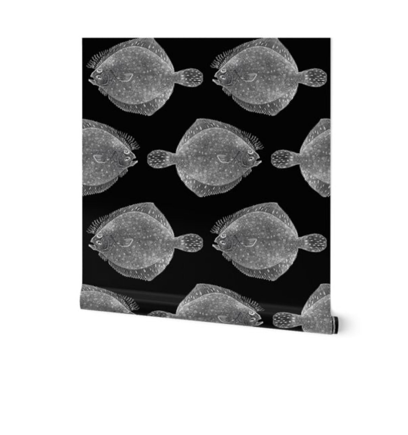 Vintage Flounder Fish Illustration Wallpaper Black and White - Etsy