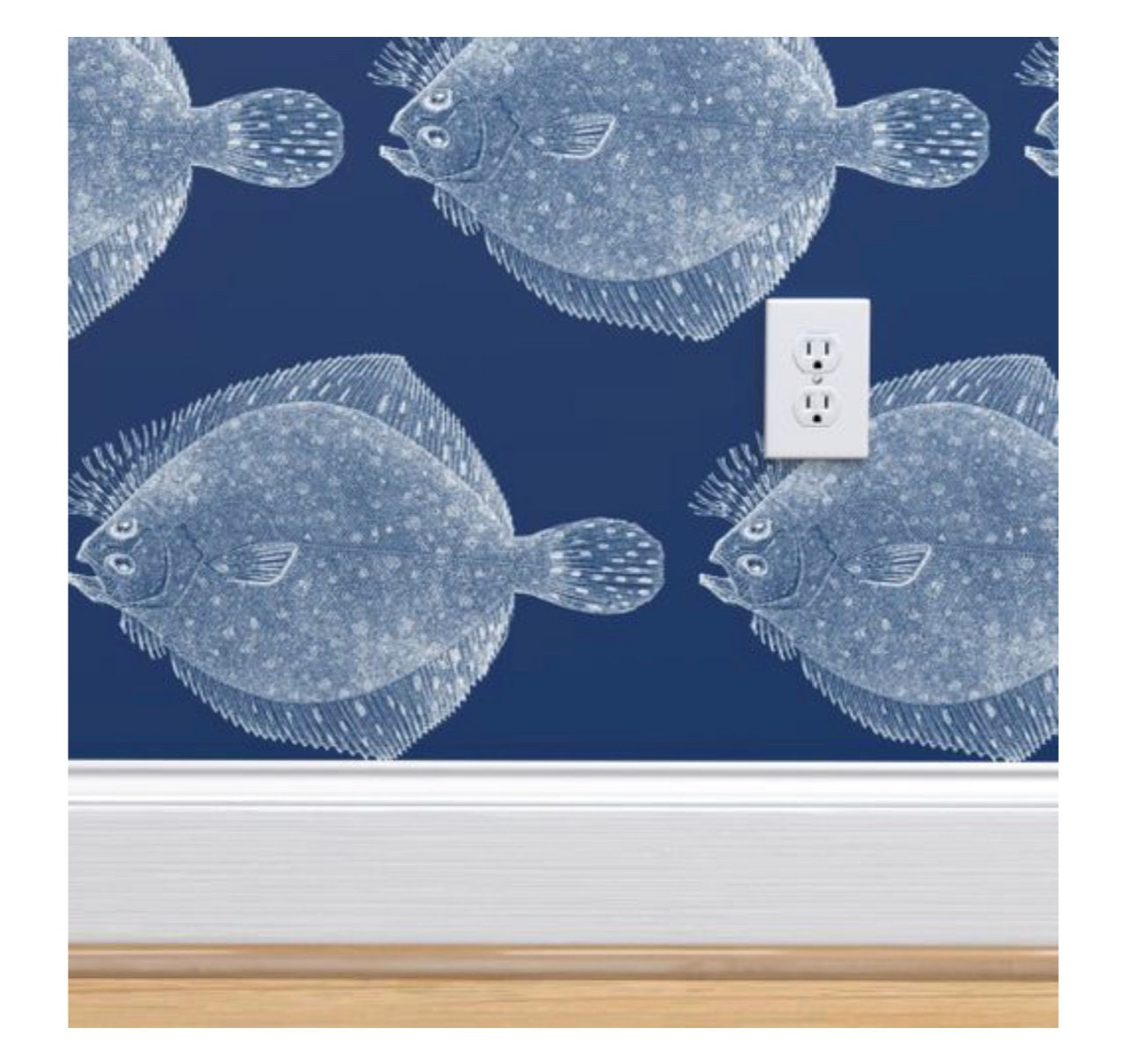 Vintage Flounder Fish Illustration Wallpaper White and Blue - Etsy